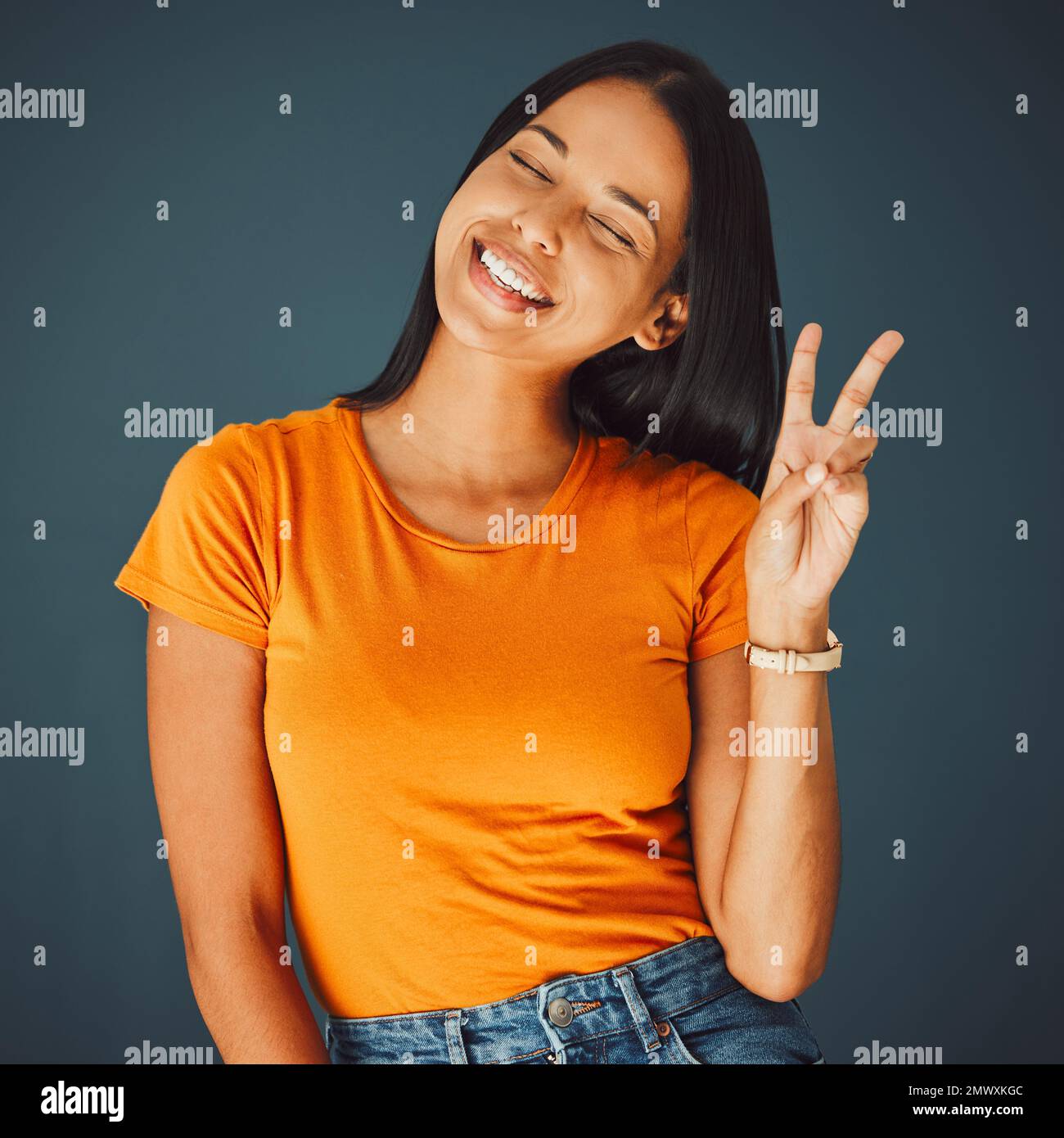 Happy woman with smile, peace hand sign and Gen z youth, freedom and ...