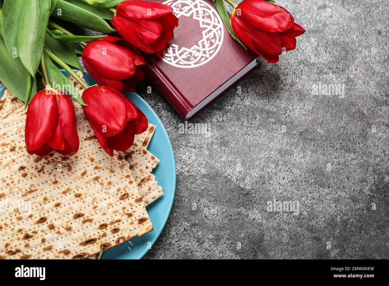 Flat lay composition with traditional Pesach (Passover Seder) matzo on ...