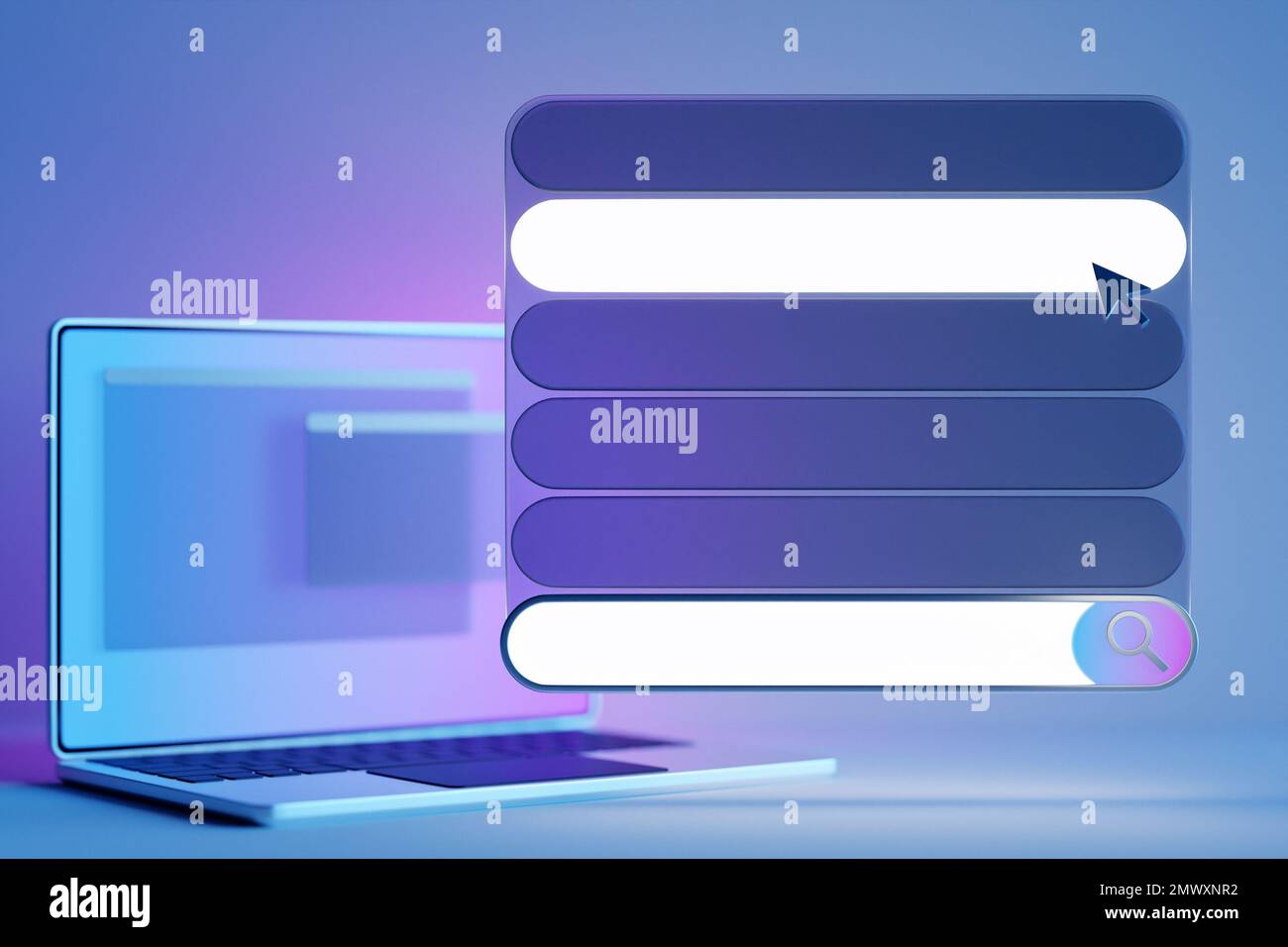 3d illustration laptop with search frame, box, internet panel with ...