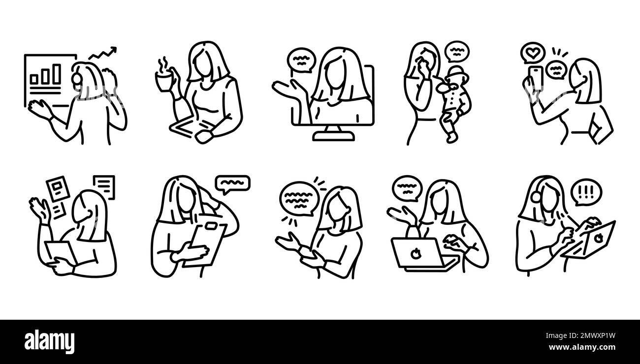 Businesswoman color line icons set. Female entrepreneur, influencer ...