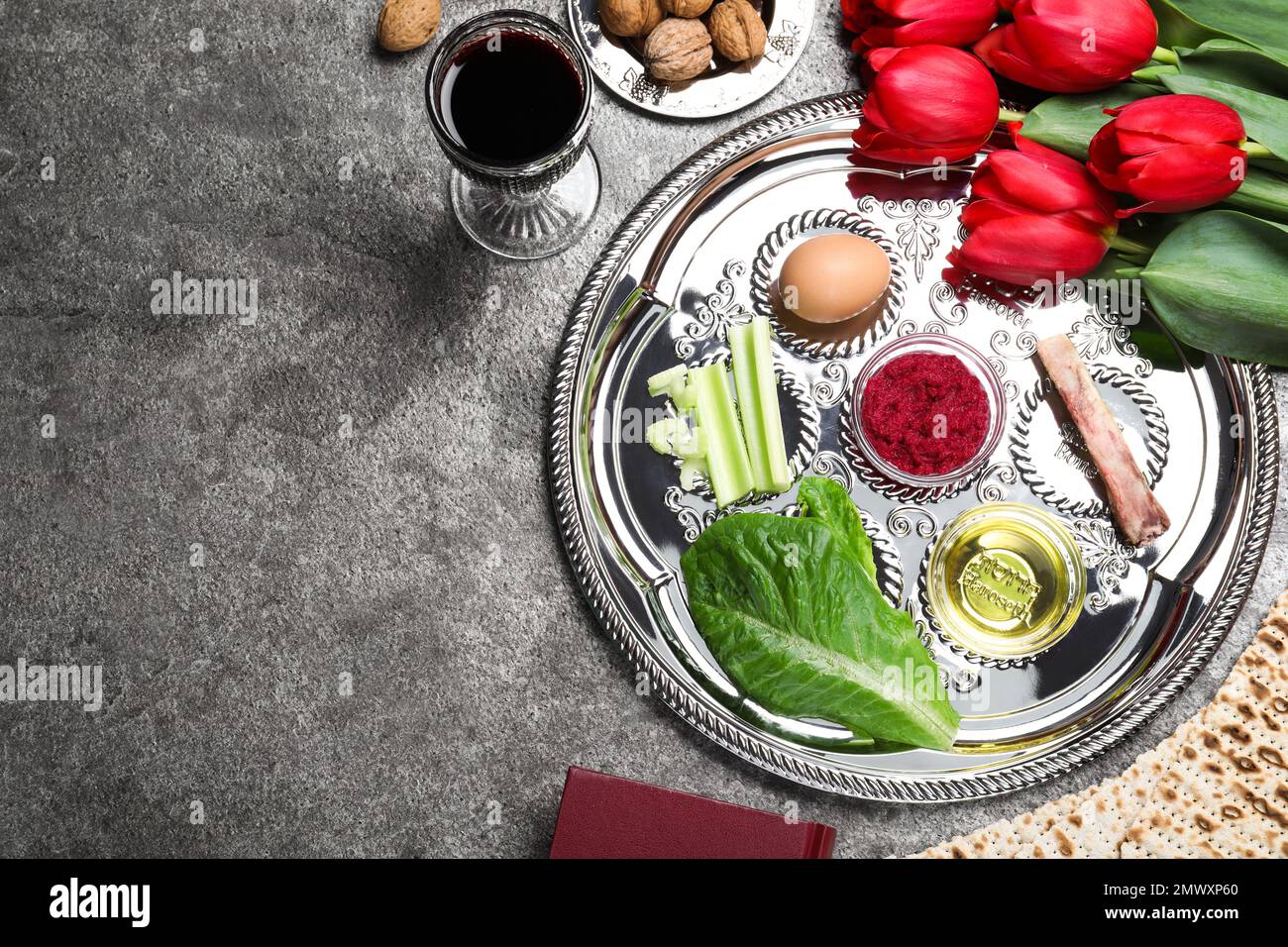 Flat lay composition with Passover Seder plate (keara) on grey table ...