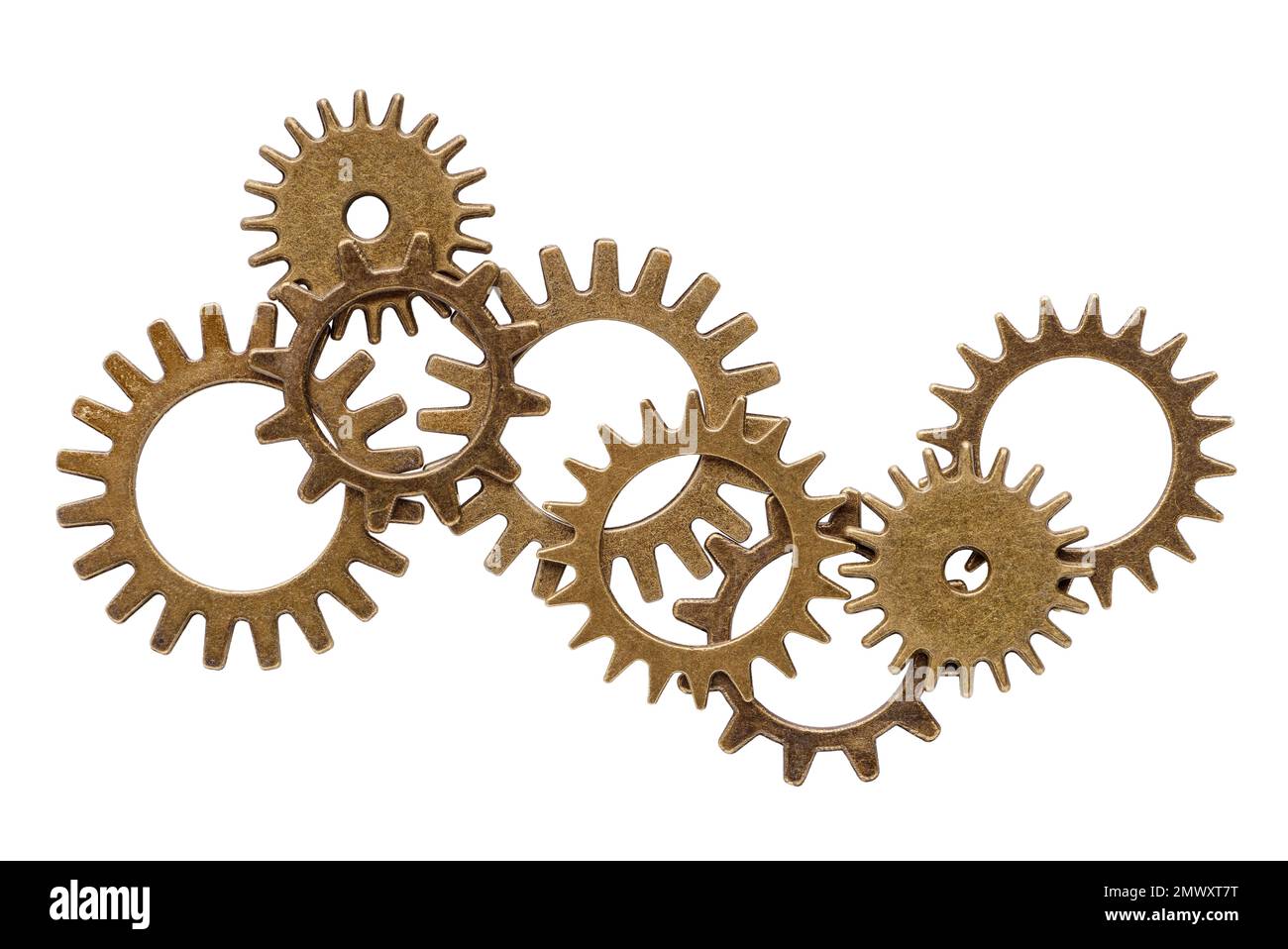 Group of assorted bronze cogwheels, various size and shape, abstract ...