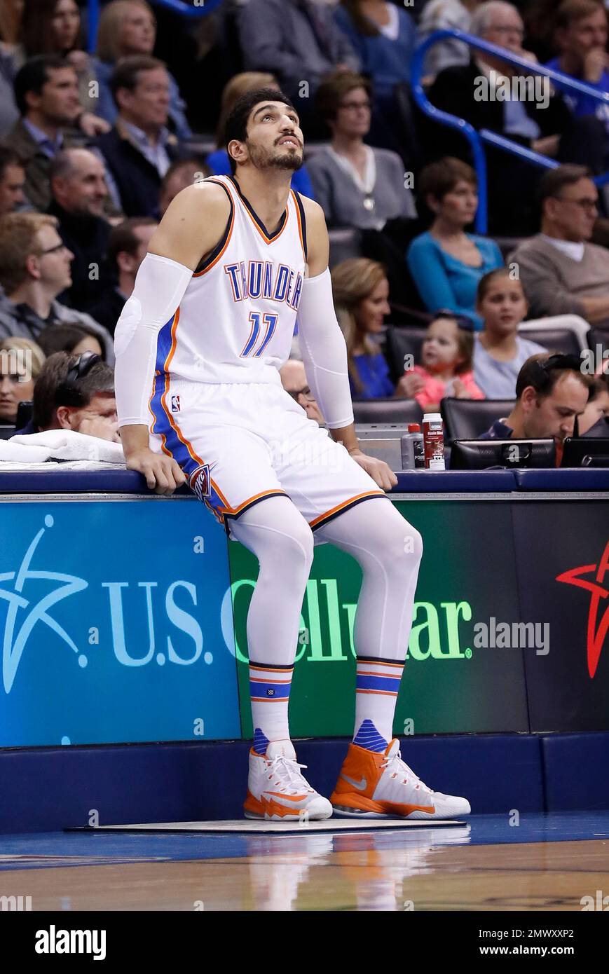 Oklahoma City Thunder center Enes Kanter (11) watches a replay on the ...