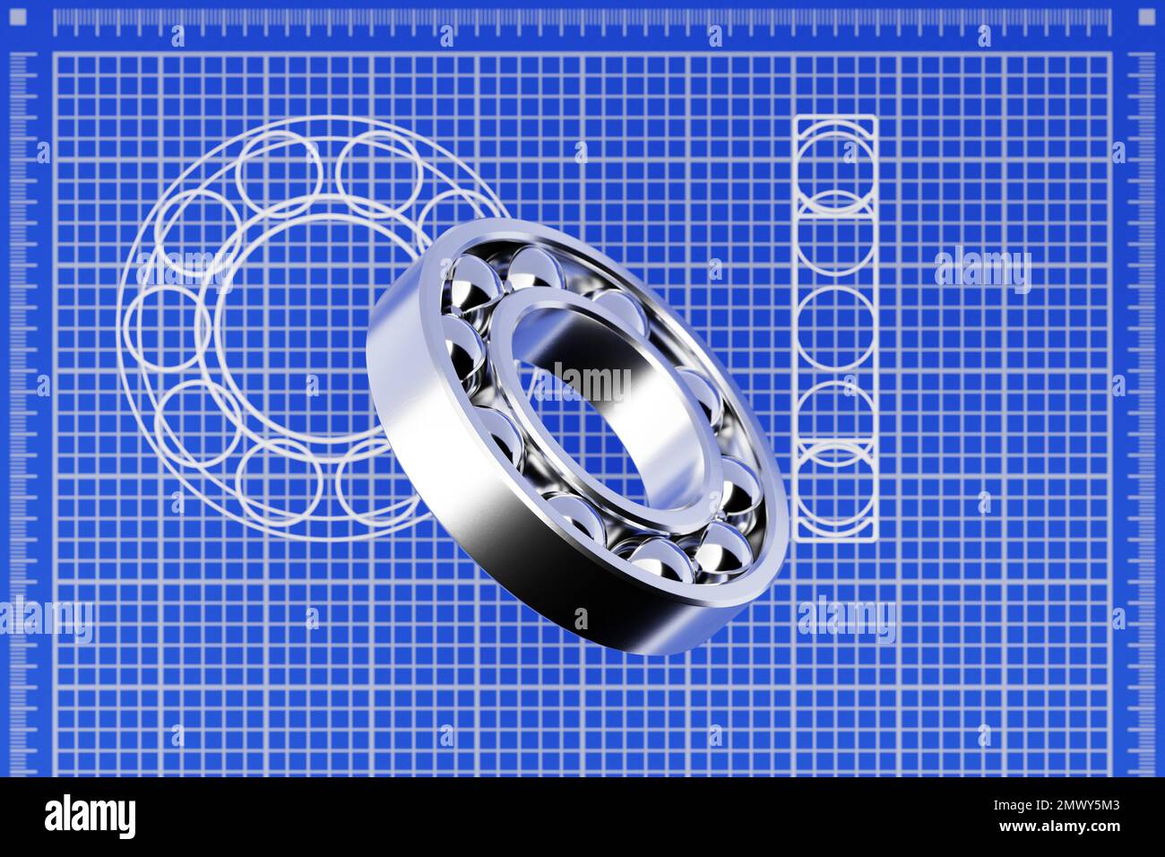 3D illustration of a metallic silver ball bearing with balls on a blue ...