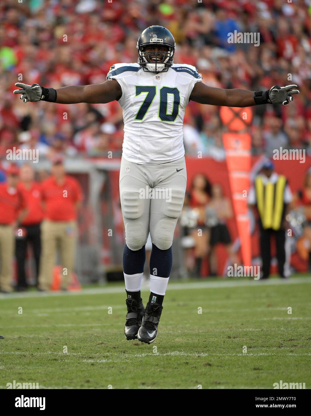 Seattle Seahawks offensive guard Rees Odhiambo (70) celebrates a field ...