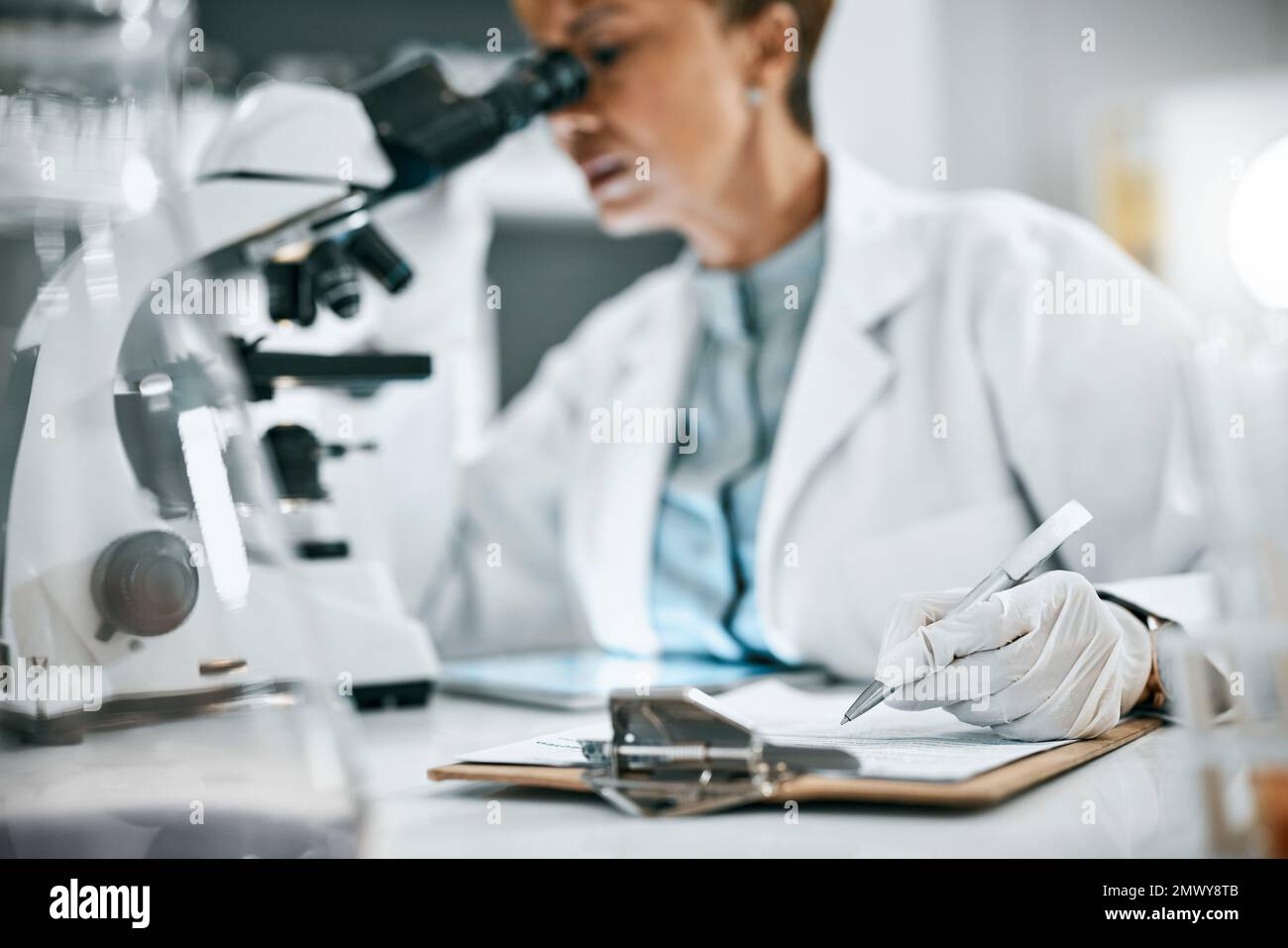 Writing checklist, microscope or science woman or doctor data analysis ...