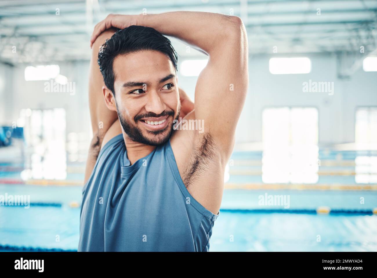 Happy, man and stretching at a swimming pool for training, cardio and ...