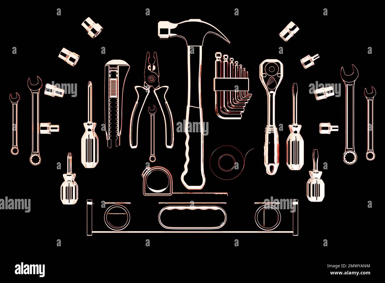 Various white working tools for construction, repair on black ...