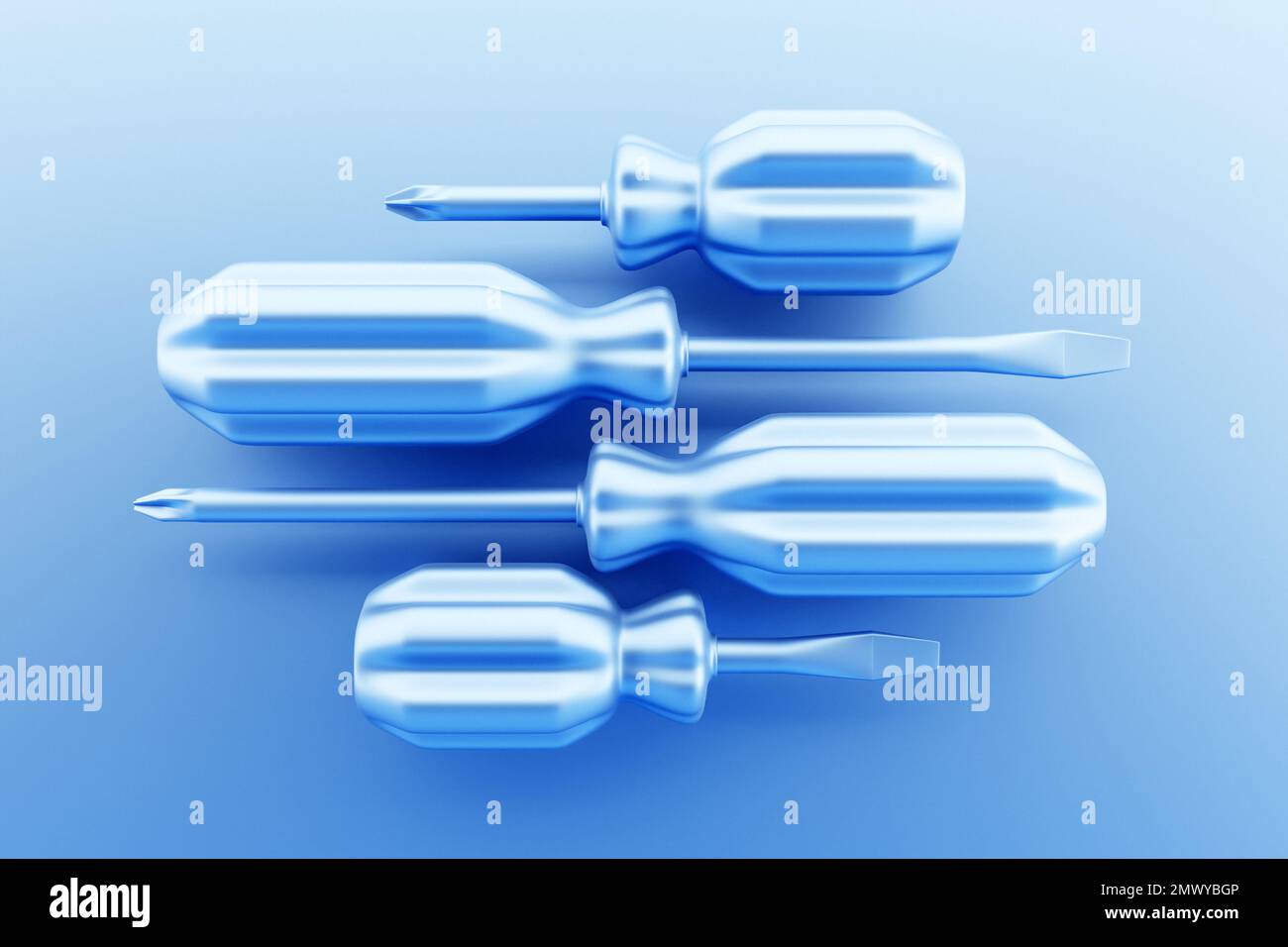 3D illustration of a blue screwdrivers in cartoon style on a monochrome ...