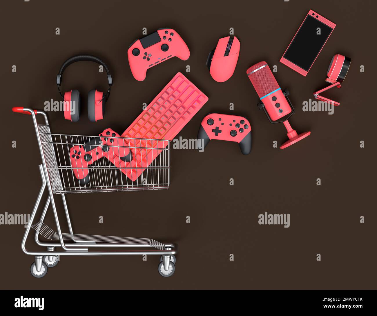 Lying gamer gears like mouse, keyboard, joystick, headset, VR Headset ...