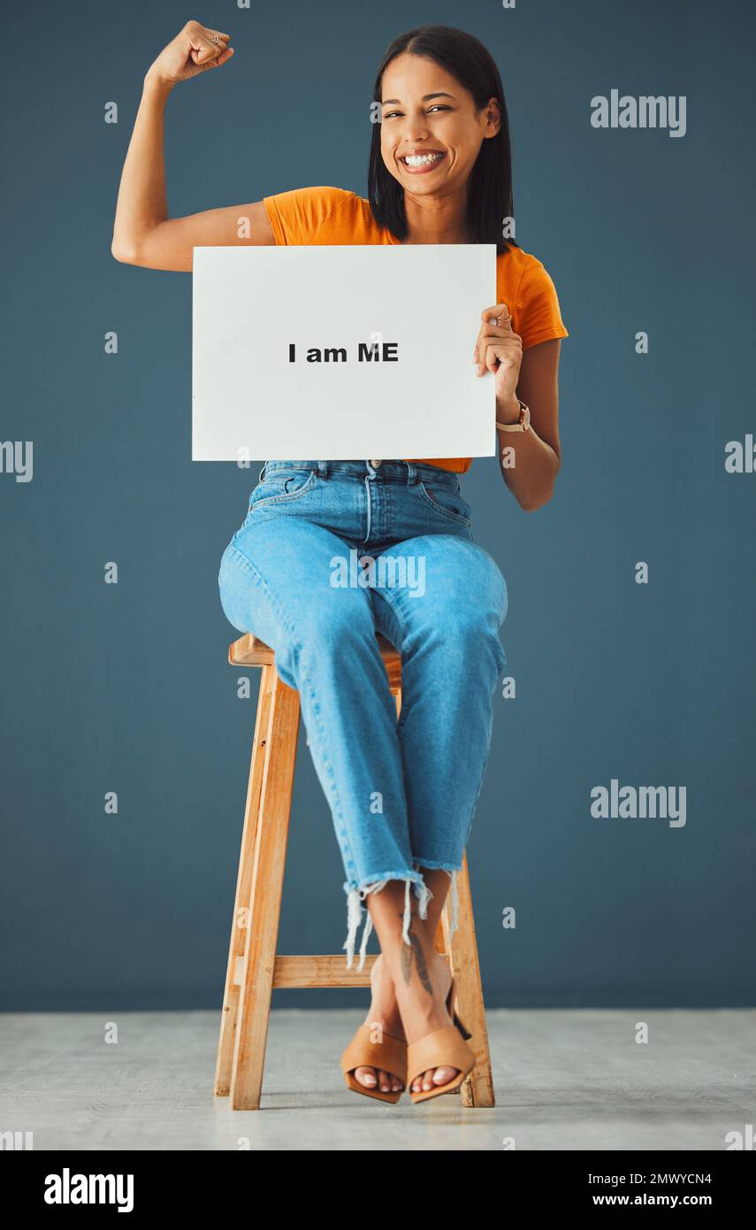 Portrait, poster and black woman with strong arm pose in studio for ...
