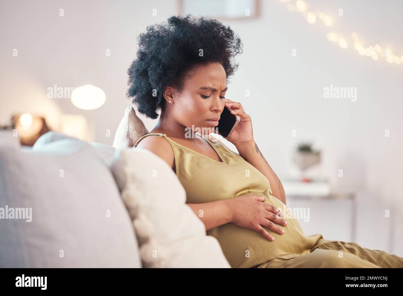 Phone call, pregnant woman and stress for healthcare problem, worry or ...