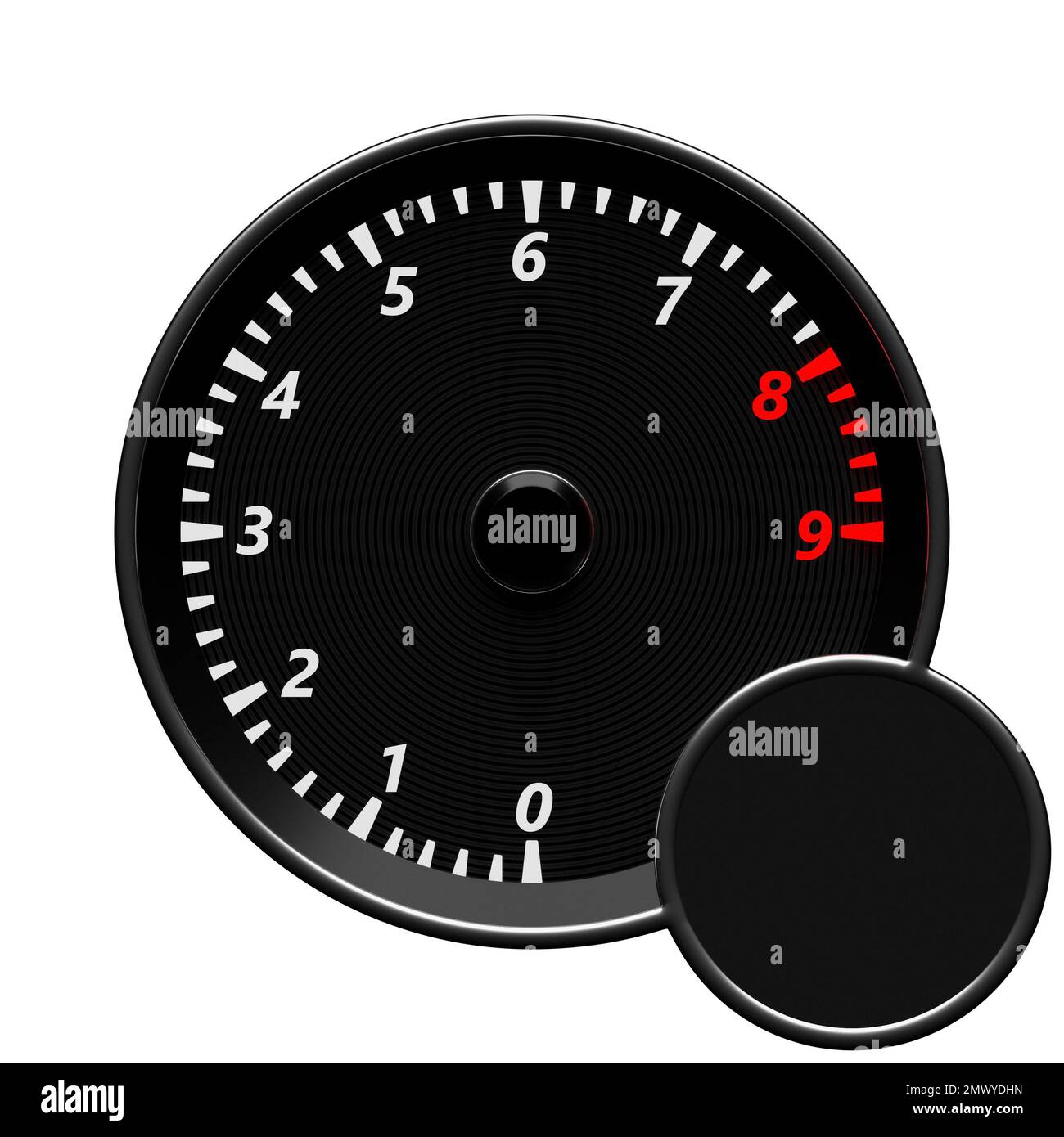 3D illustration close up black car panel, digital bright tachometer on ...