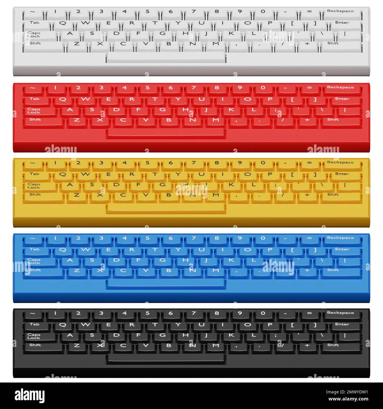 3D illustration, close-up of a realistic computer keyboard in five ...