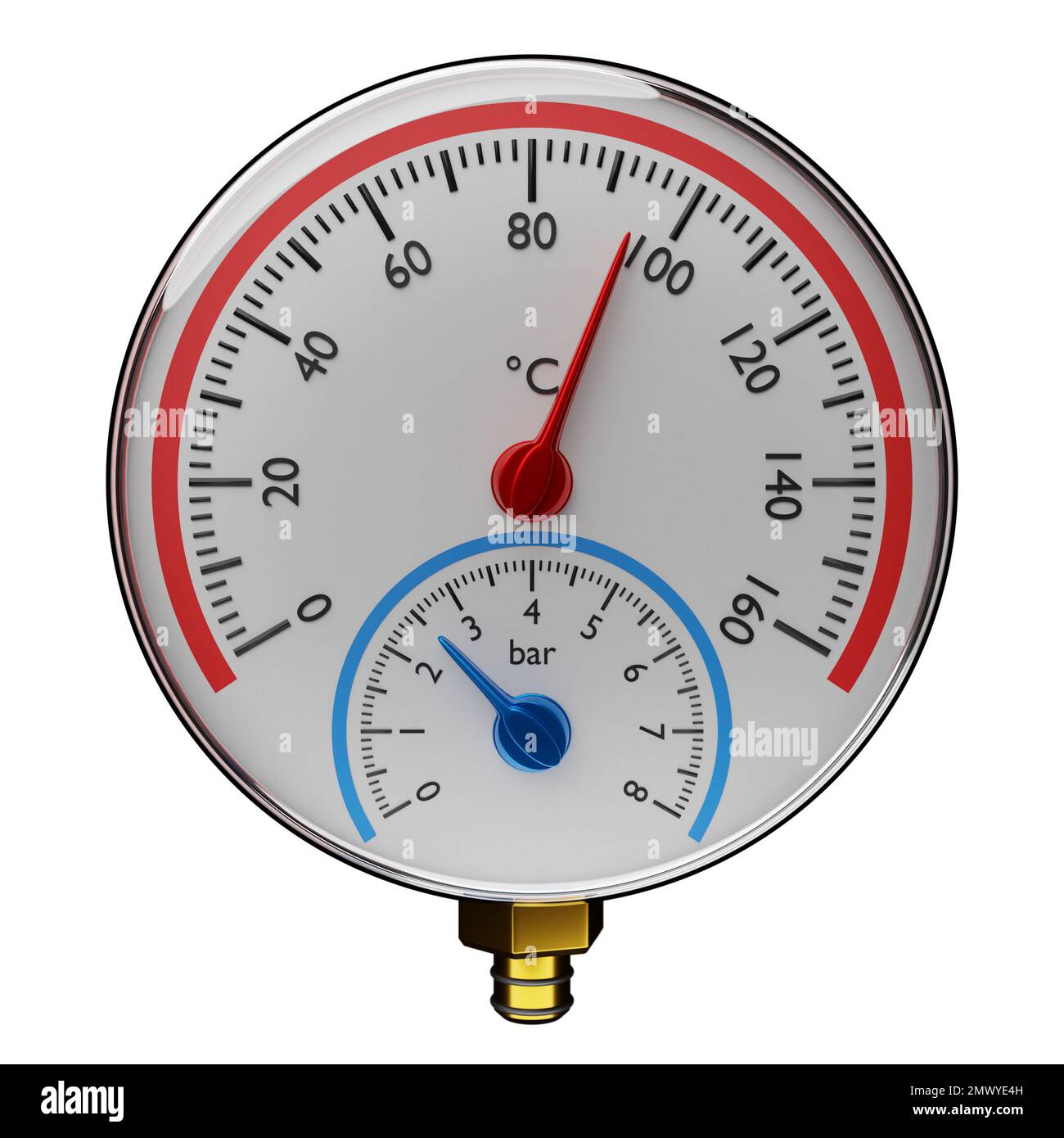 3d illustration of a round barometer with markings up to 160 on a white ...