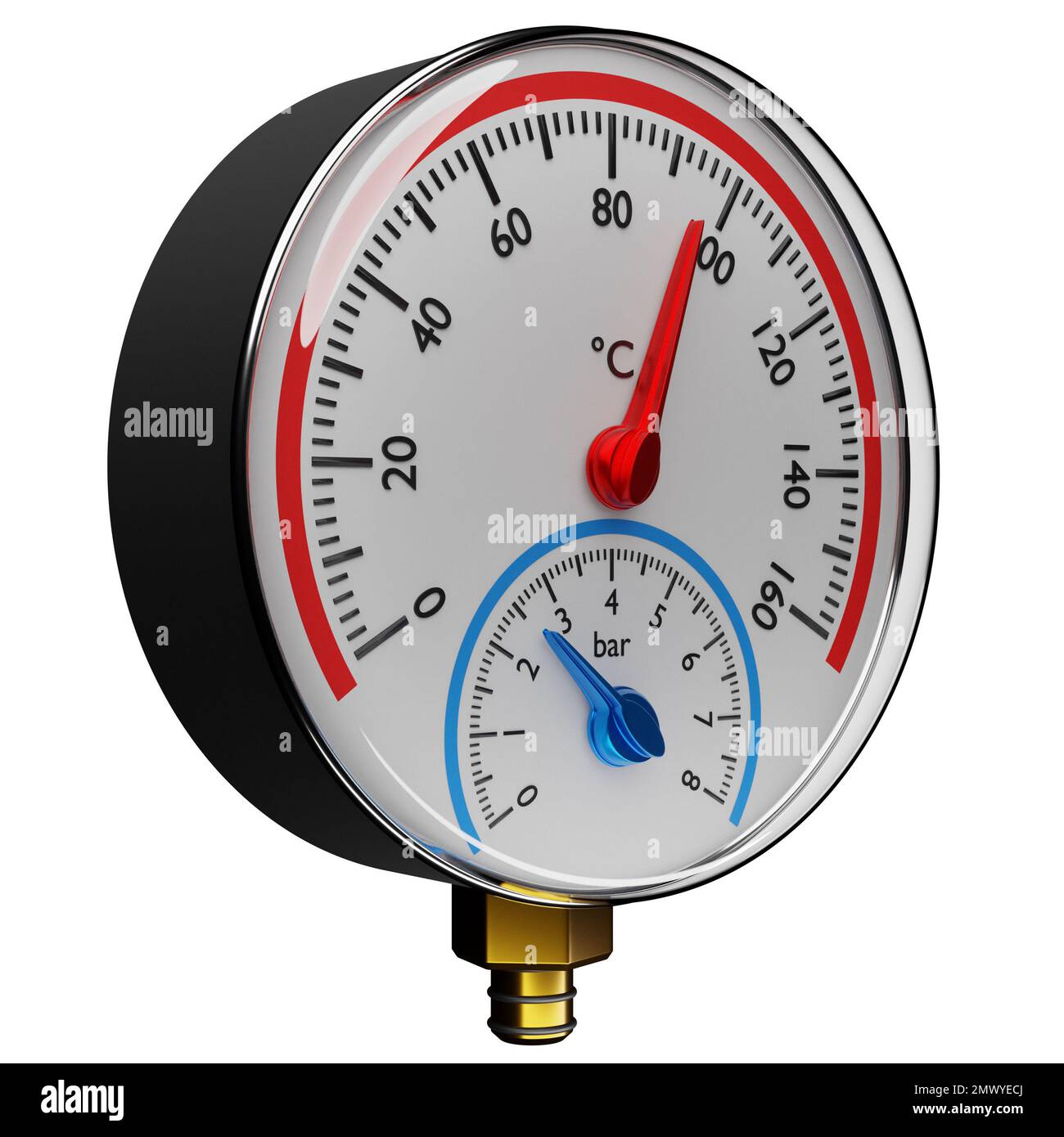 3d illustration of a round barometer with markings up to 160 on a white ...