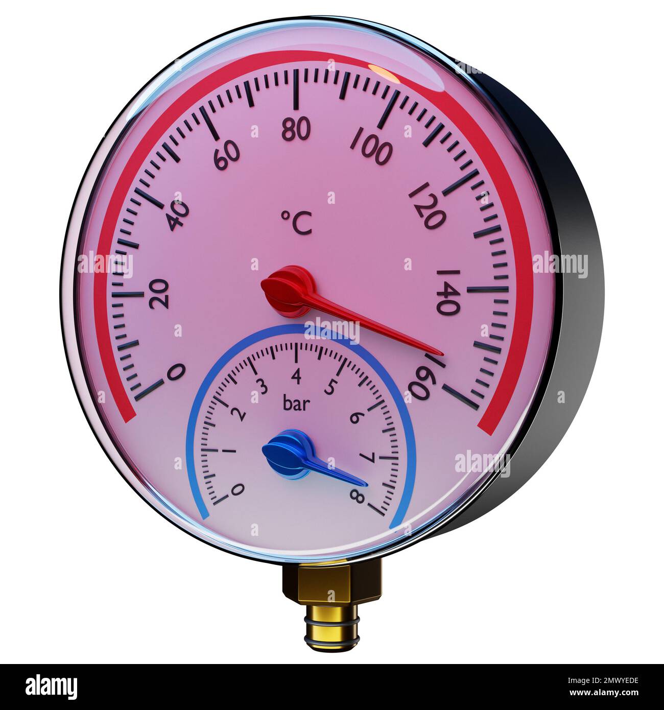 3d illustration of a round barometer with markings up to 160 on a white ...