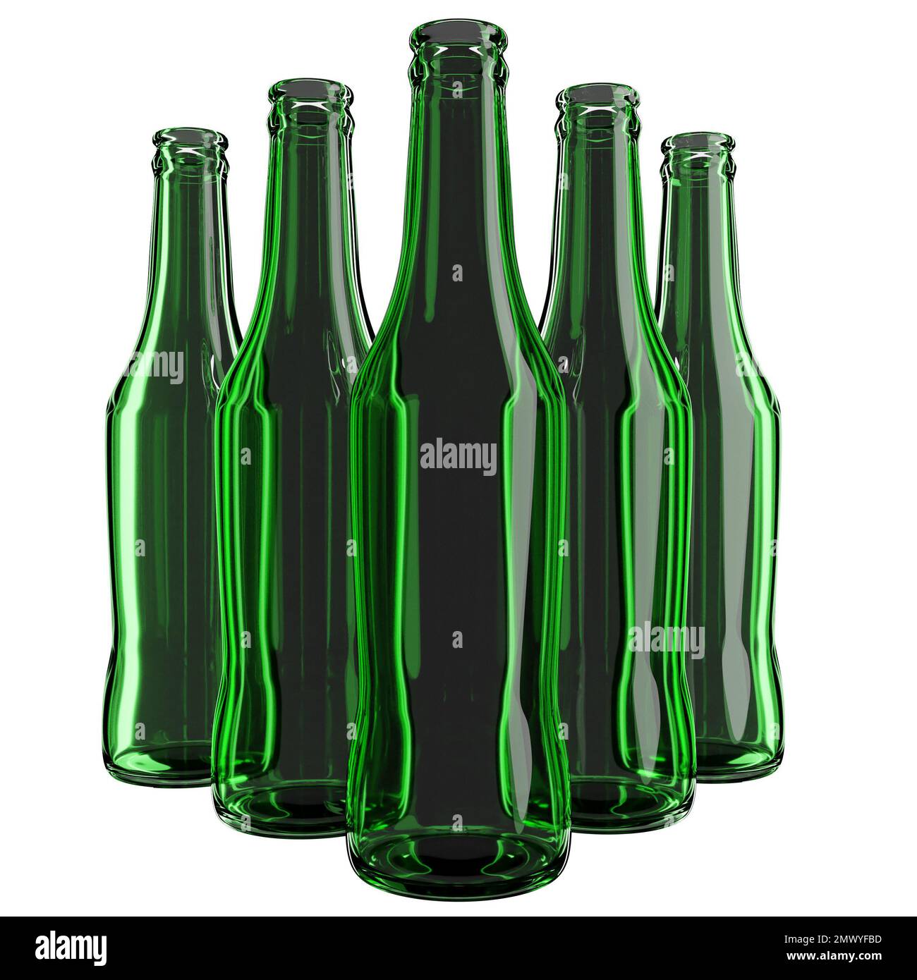 3D illustration several green glass beer bottles stand in the shape of ...