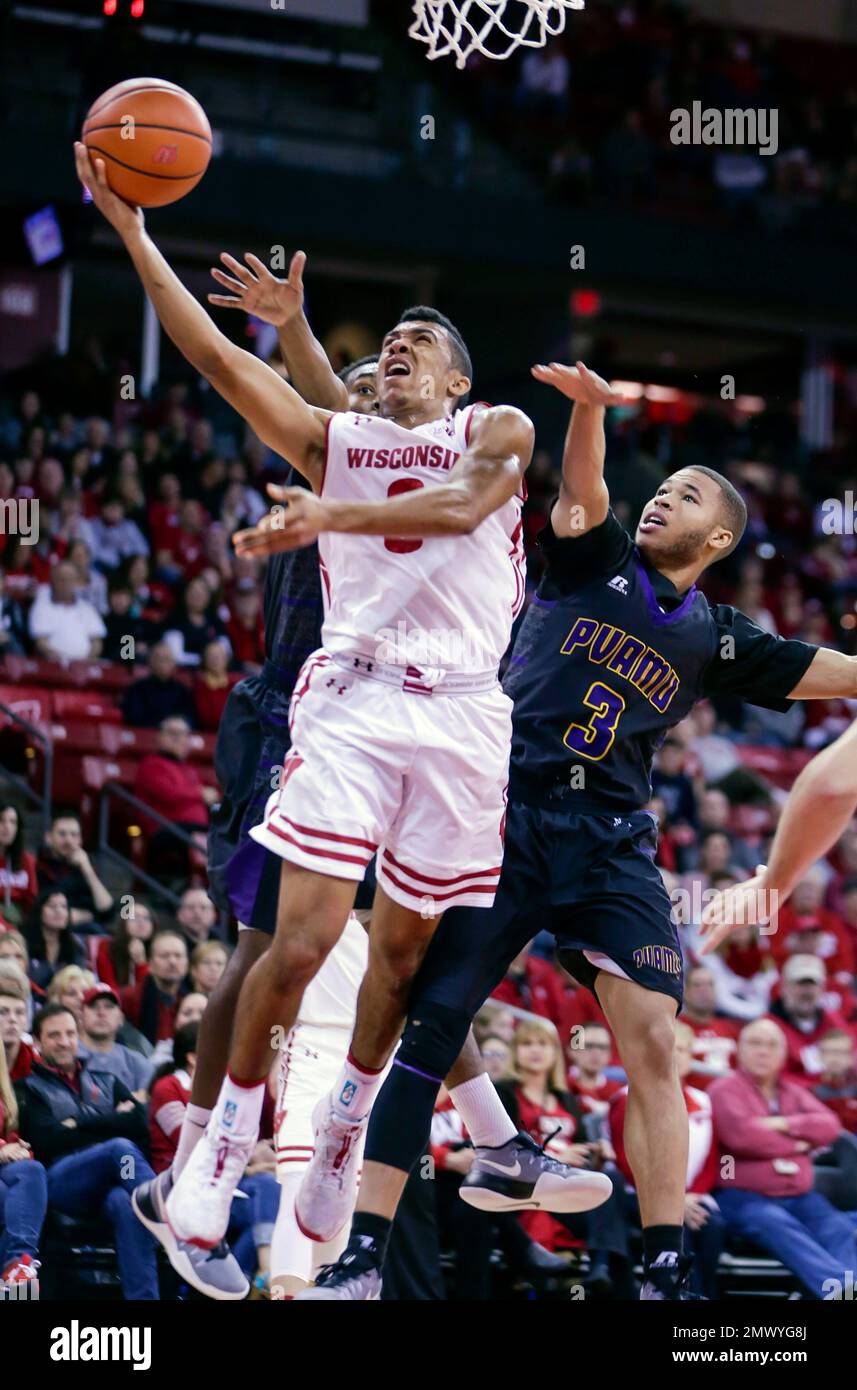 Wisconsin's D'Mitrik Trice (0) shoots against Prairie View A&M's Jordan ...