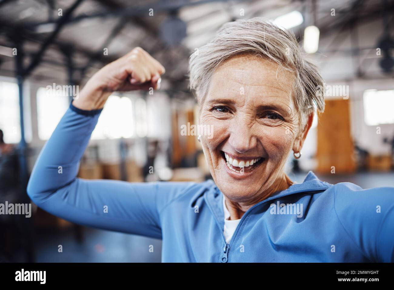 Senior woman, flexing and smile for selfie or profile picture in ...