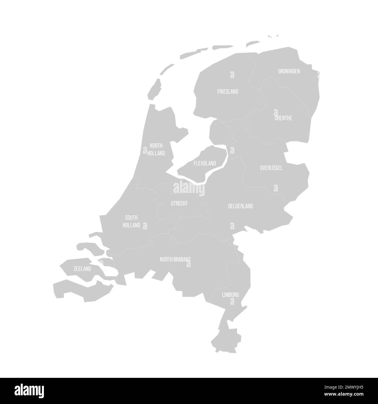 Netherlands political map of administrative divisions - provinces. Solid light gray map with ...