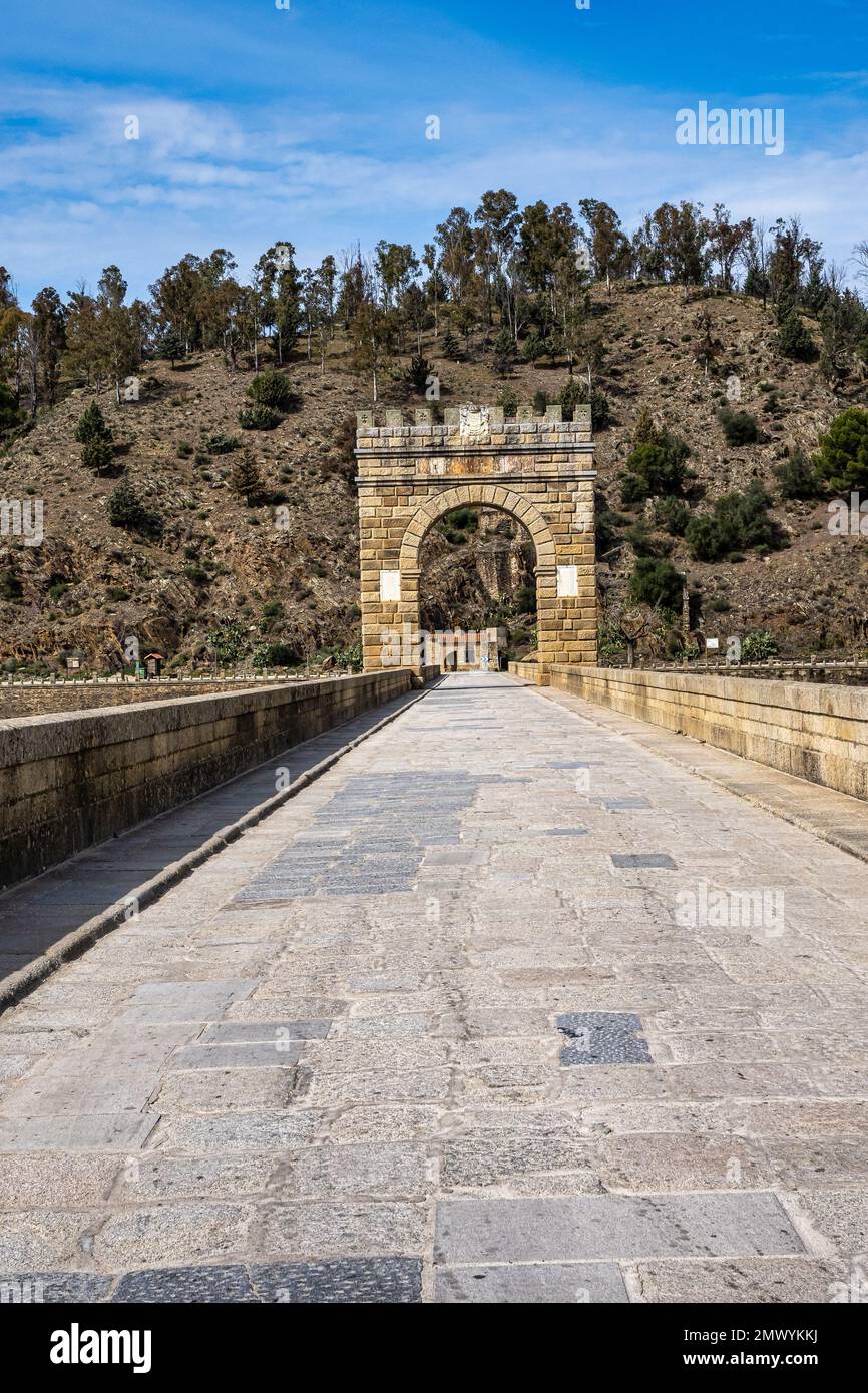 Roman bridge over the Tagus, Tajo river in Alcantara, Caceres province ...