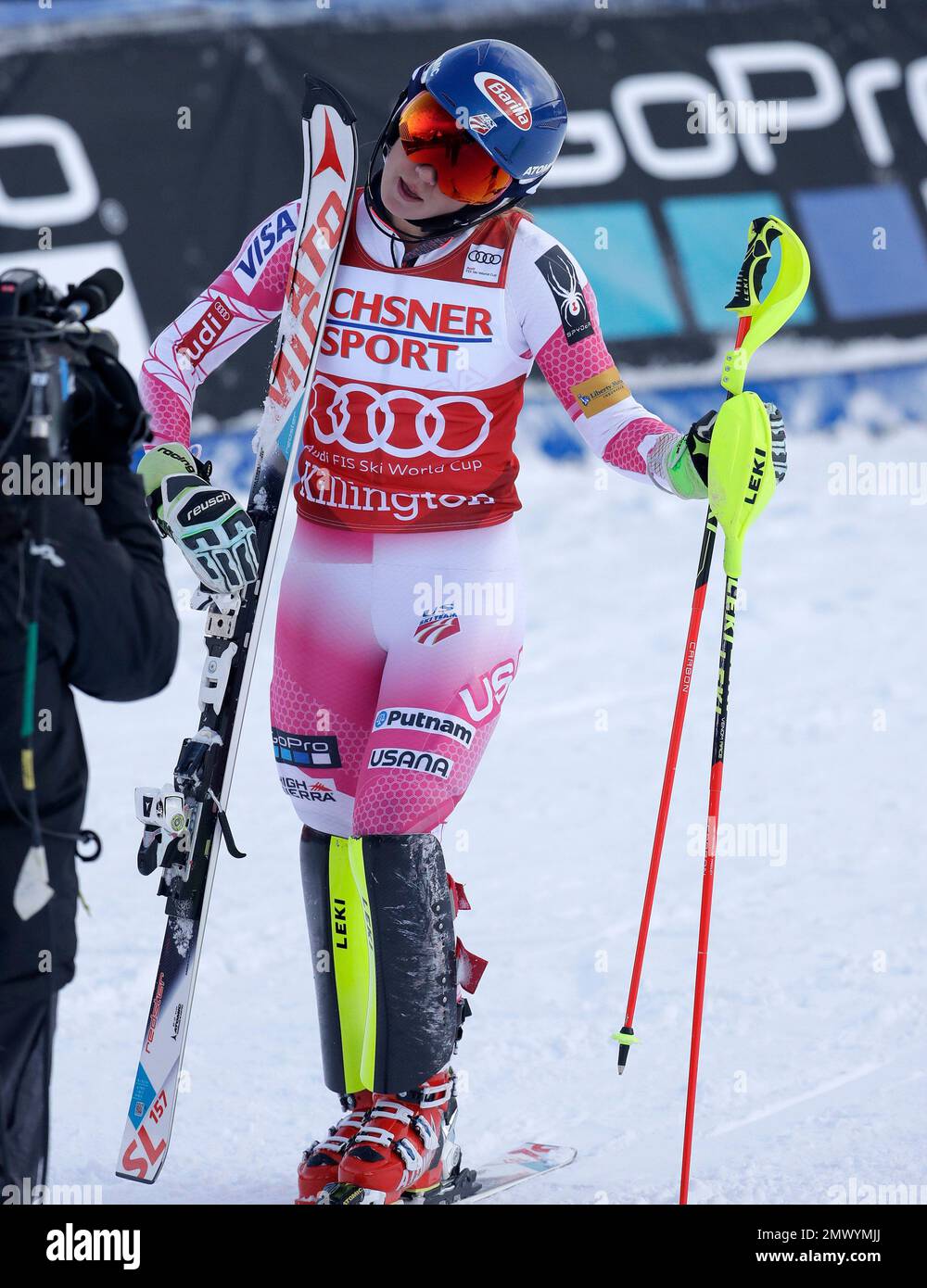 Mikaela Shiffrin, of the United States, finishes her first run in the ...
