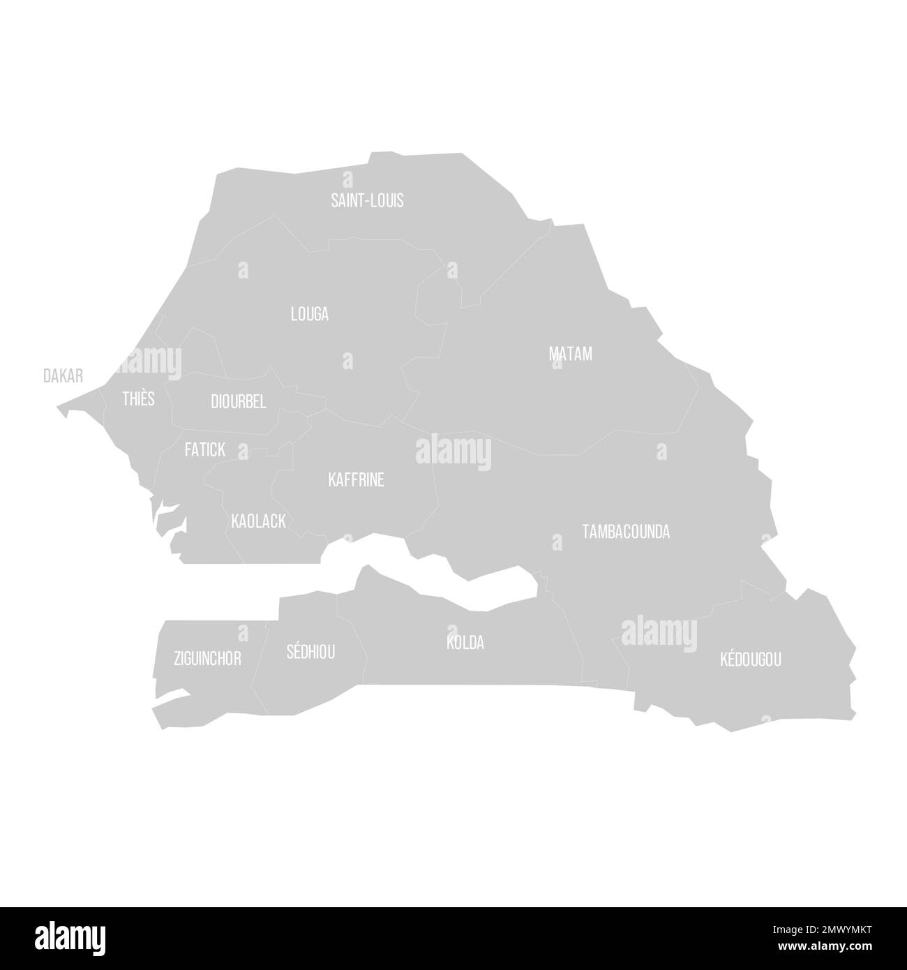 Senegal political map of administrative divisions - regions. Solid light gray map with white ...