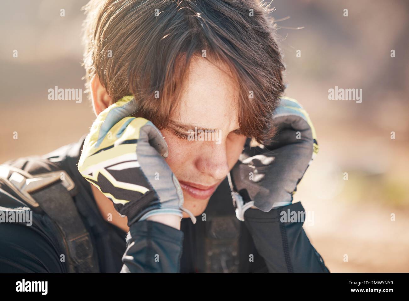 Headache, thinking and man in nature for cycling, motorcycle stress and ...