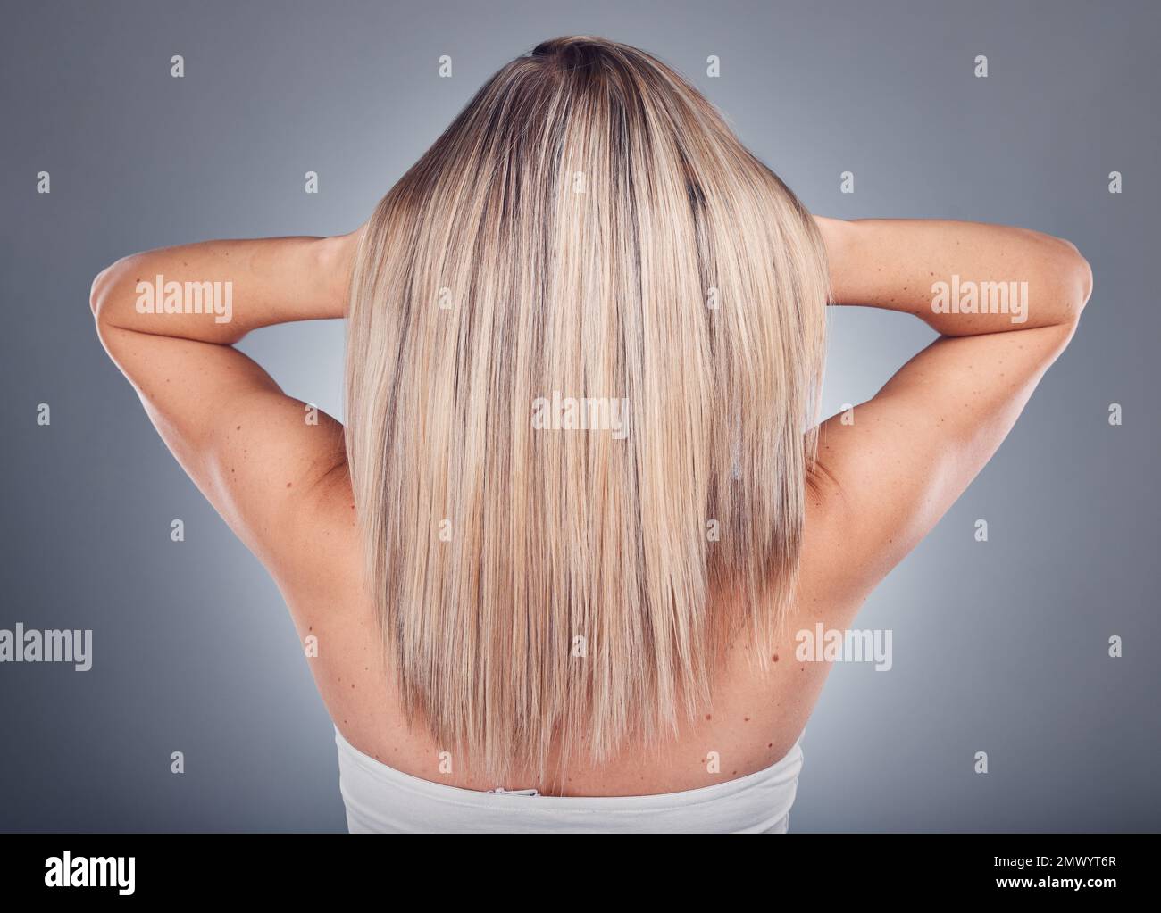 Back, hair care and woman with beauty, luxury and treatment for texture ...