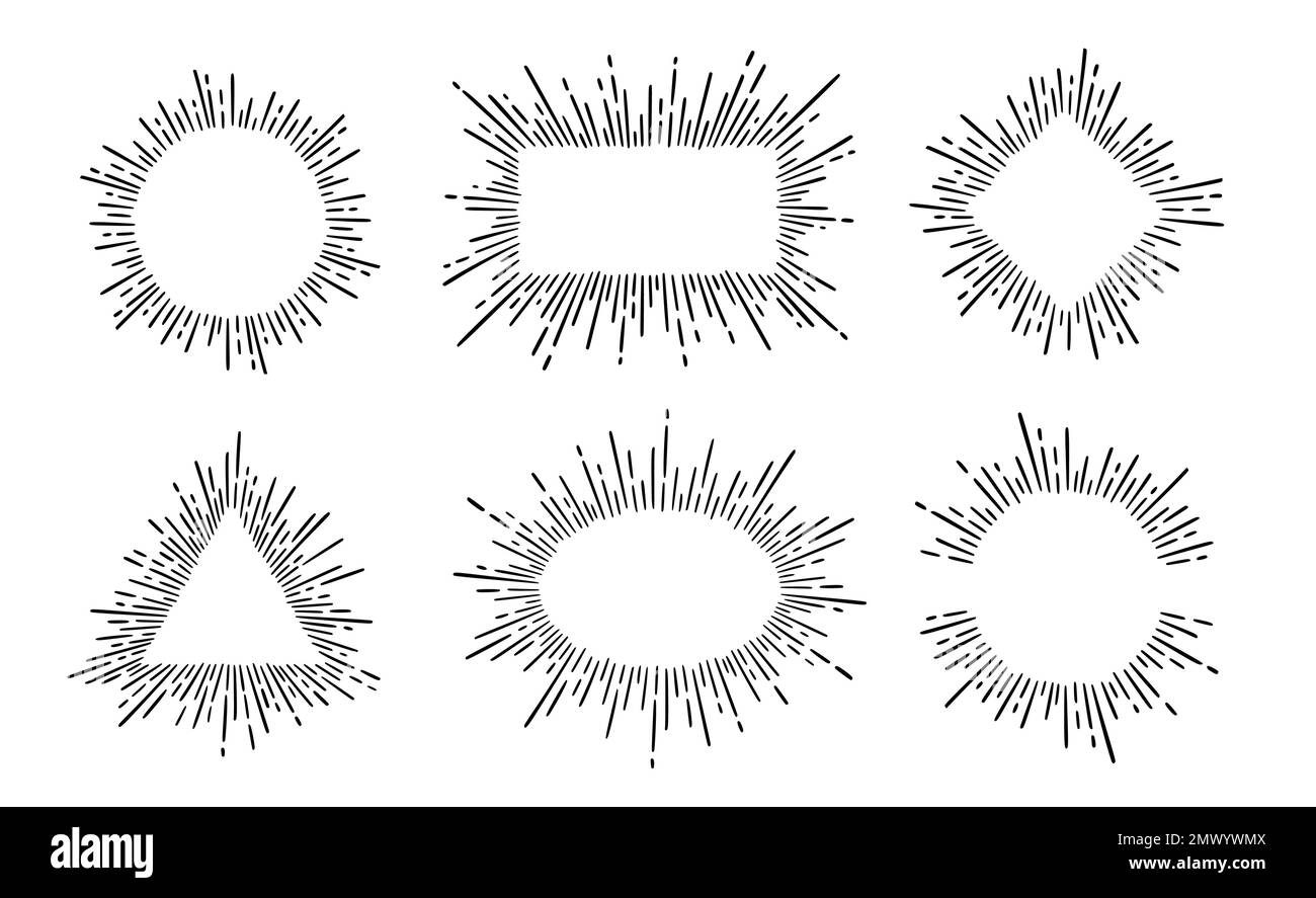 Sunburst ray vintage frame element set. Star burst ray hand drawn shine ...