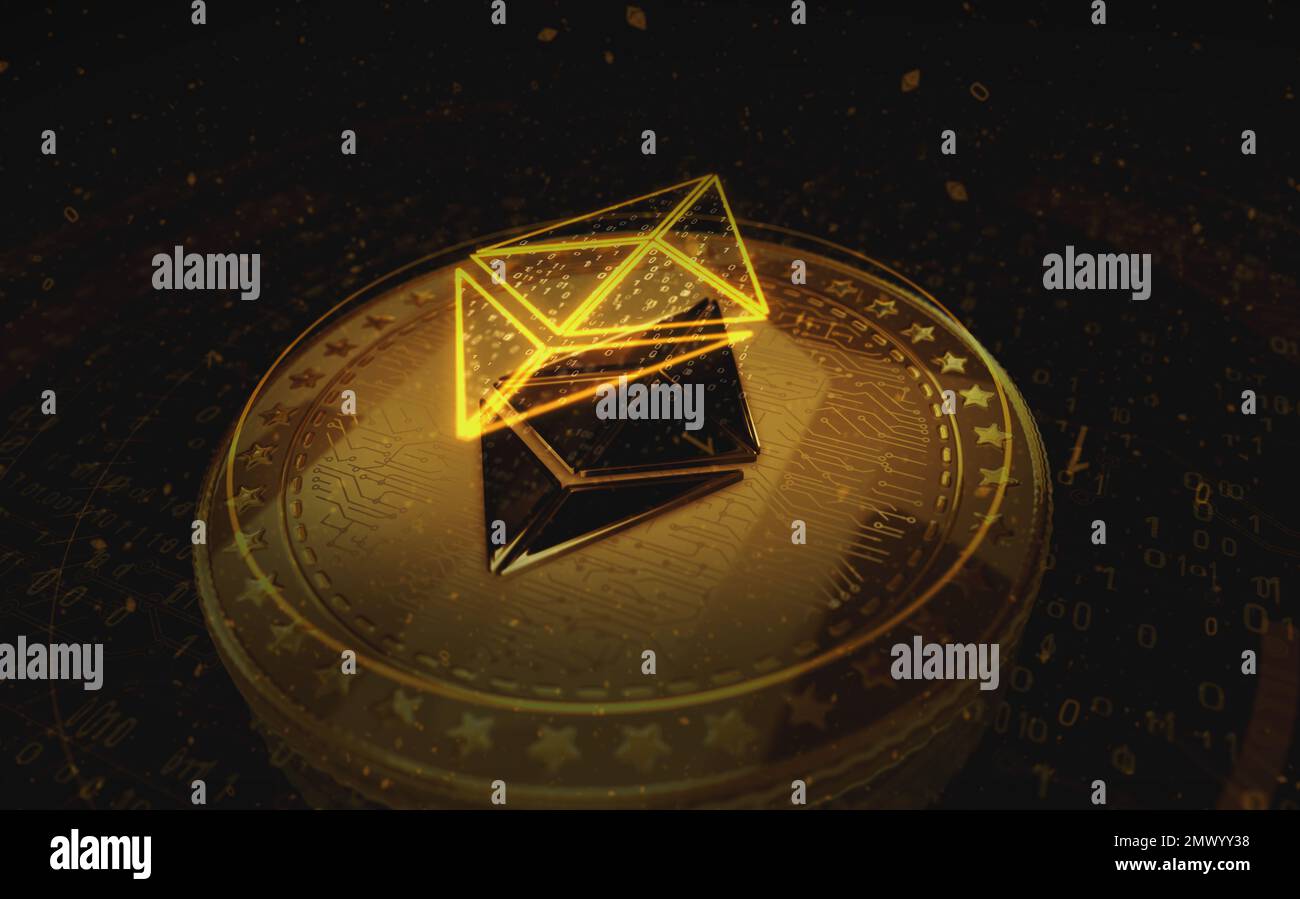 Ethereum ETH cryptocurrency gold coin on green screen background ...