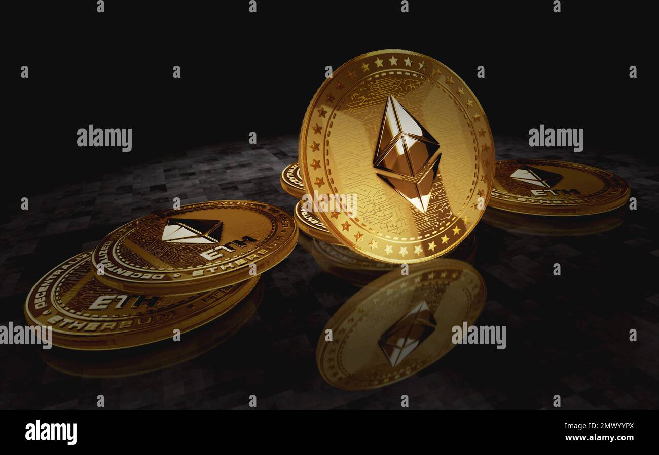 Ethereum ETH cryptocurrency gold coin on green screen background. Abstract concept 3d ...