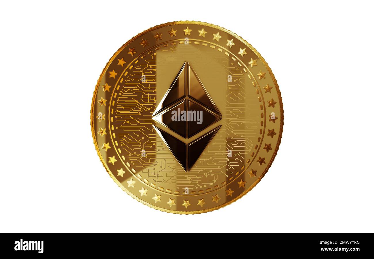 Ethereum ETH cryptocurrency isolated gold coin on green screen ...