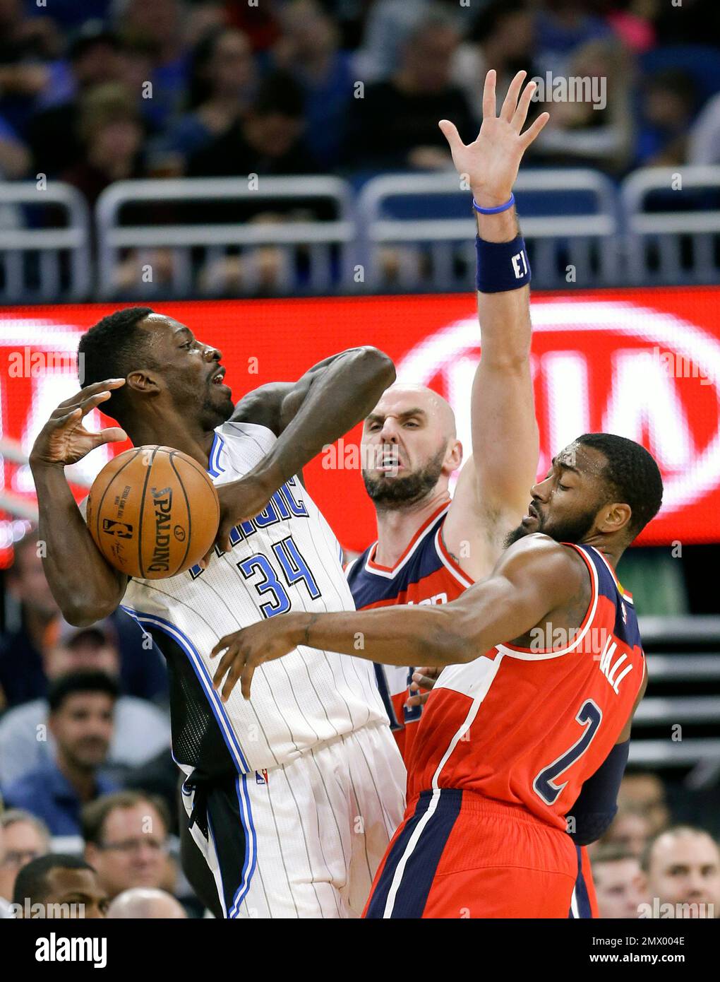Orlando Magic's Jeff Green (34) loses control of the ball as he is ...