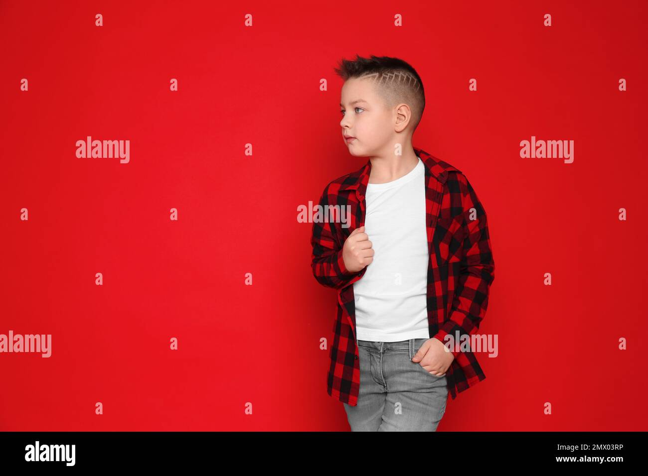 Portrait of cute little boy on red background. Space for text Stock ...
