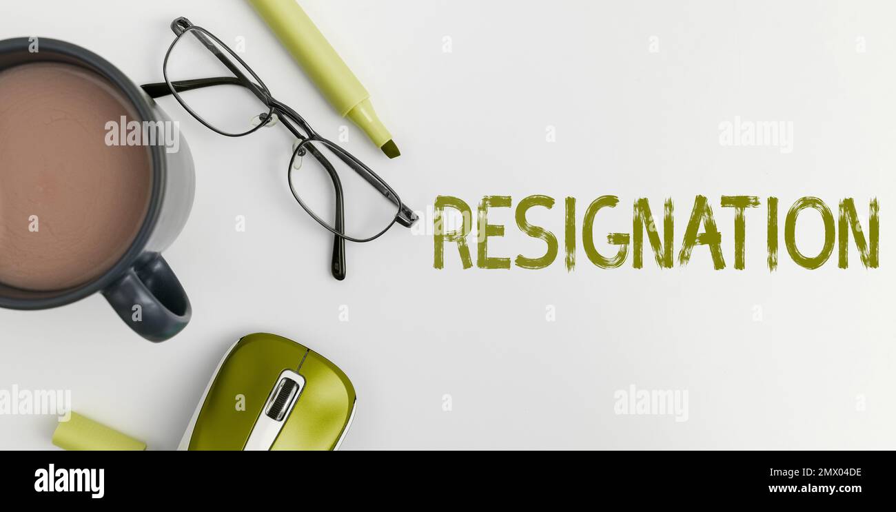 Hand writing sign Resignation. Business showcase act of giving up ...