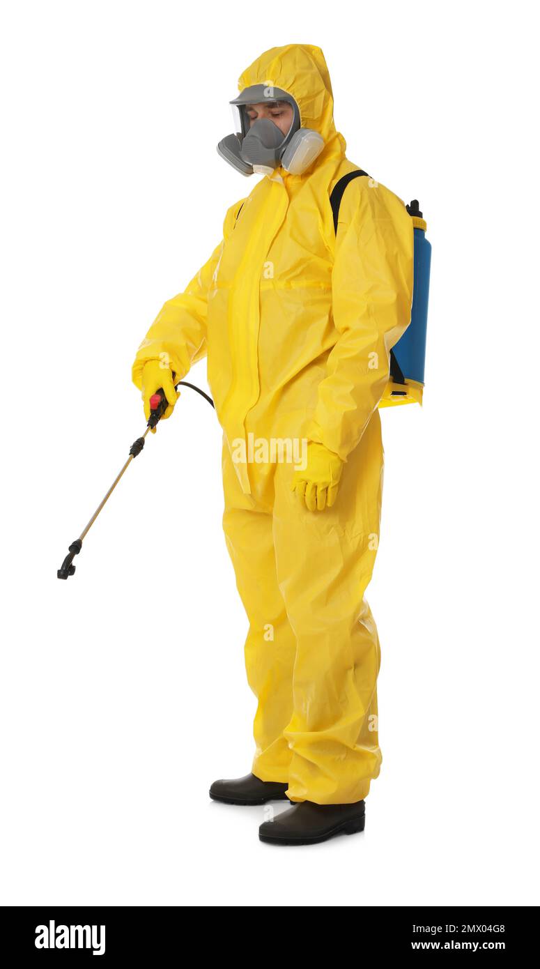 Man wearing protective suit with insecticide sprayer on white ...
