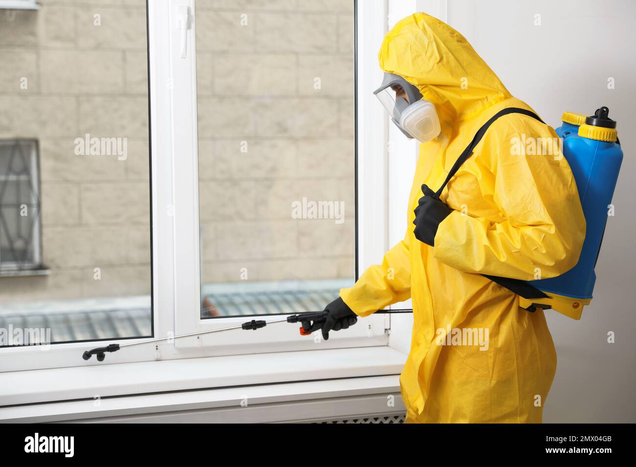 Pest control worker in protective suit spraying insecticide on window ...