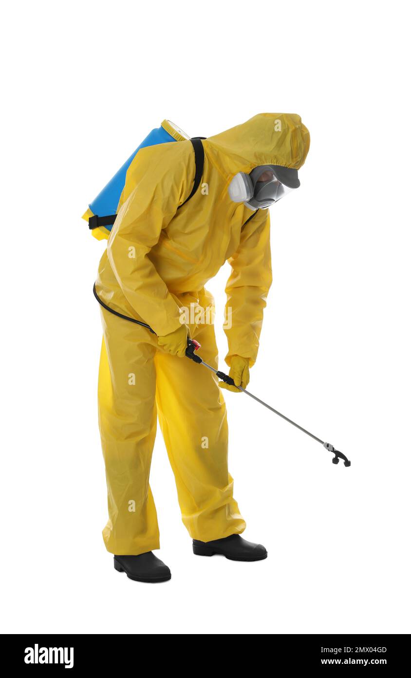 Man wearing protective suit with insecticide sprayer on white ...