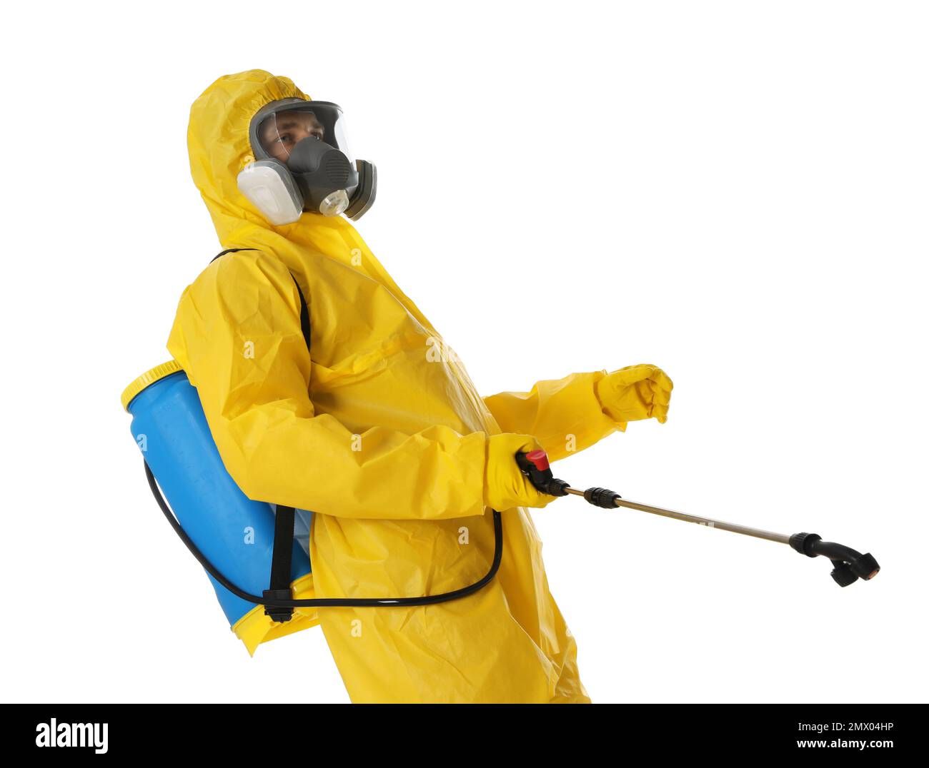 Man wearing protective suit with insecticide sprayer on white ...