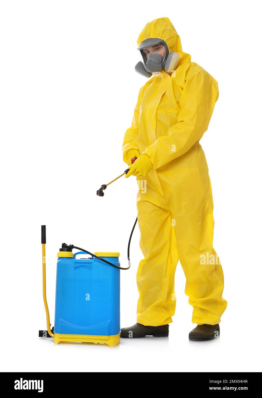 Man wearing protective suit with insecticide sprayer on white ...