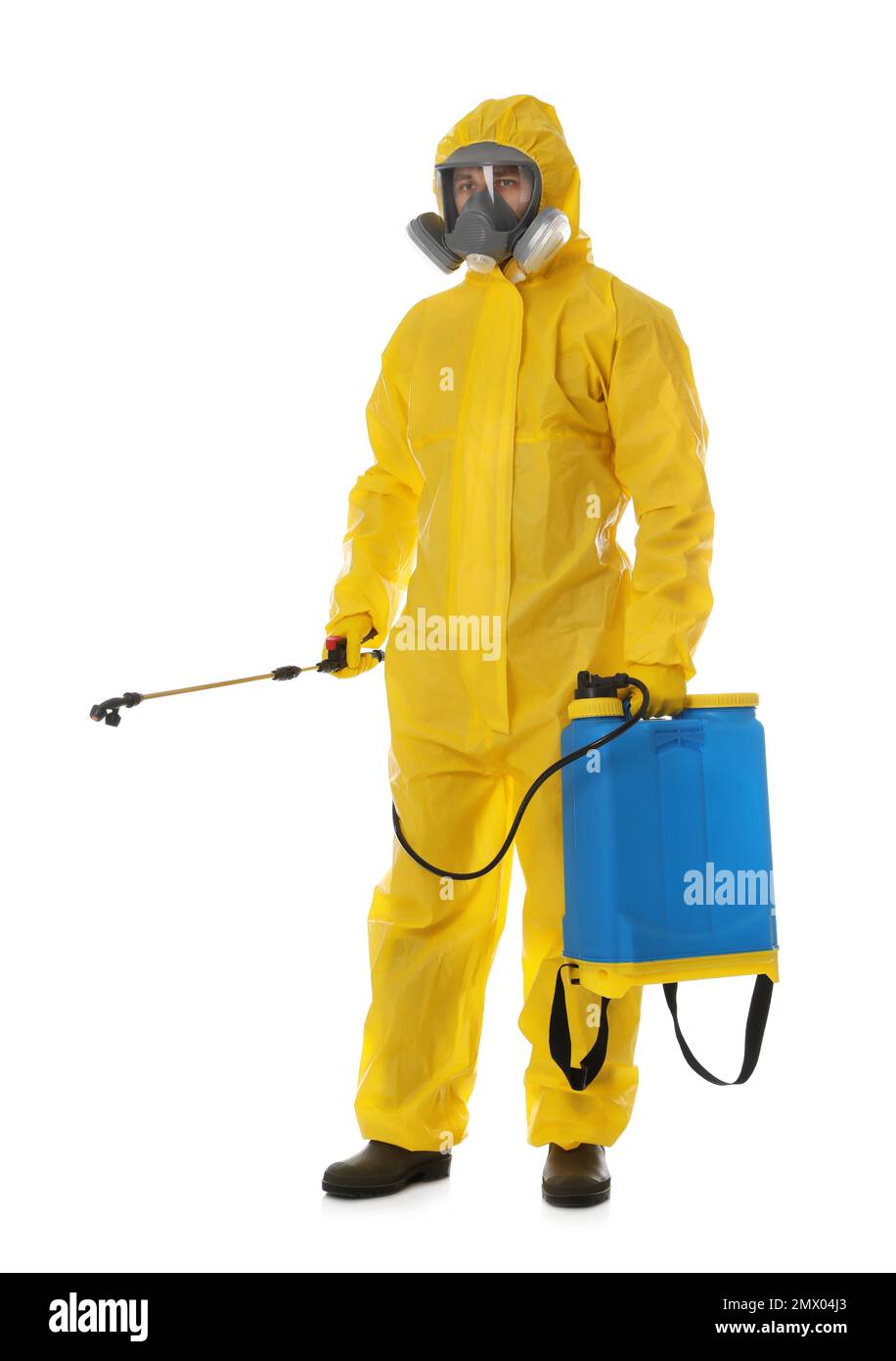 Man wearing protective suit with insecticide sprayer on white ...