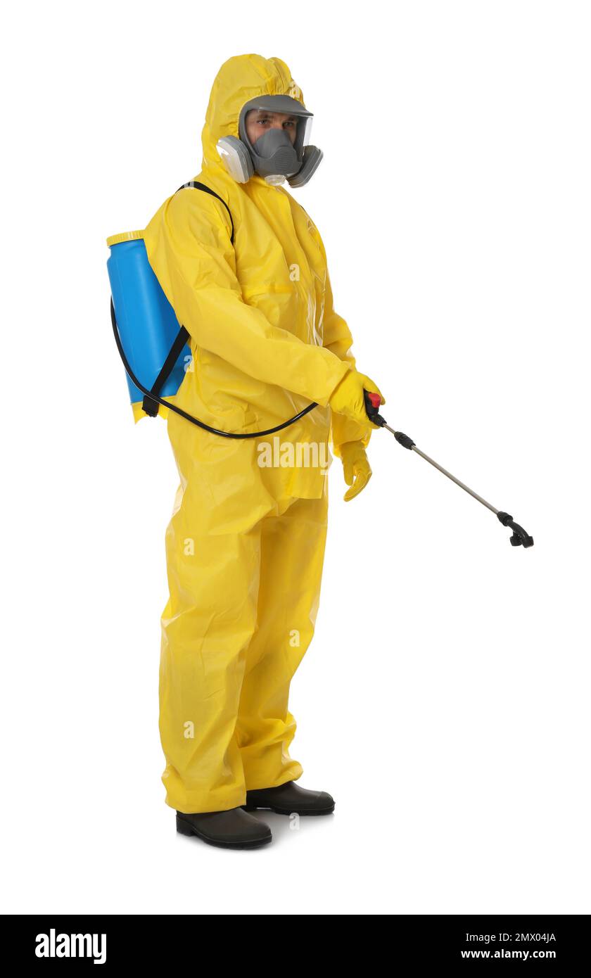 Man wearing protective suit with insecticide sprayer on white ...