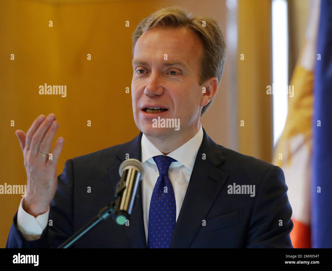 Norwegian Foreign Minister Borge Brende gestures as he talks at the 4th ...