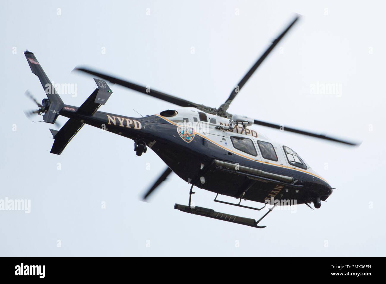 A NYPD helicopter patrols the parade route over 59th Street during the ...