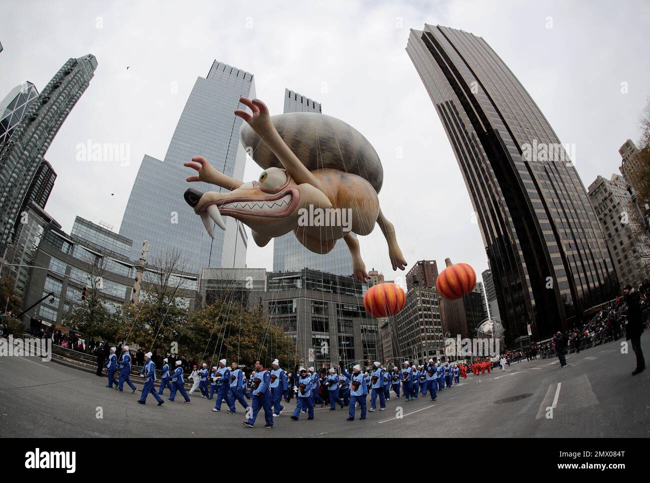 Balloon operators guide the Scrat balloon through Columbus Circle ...