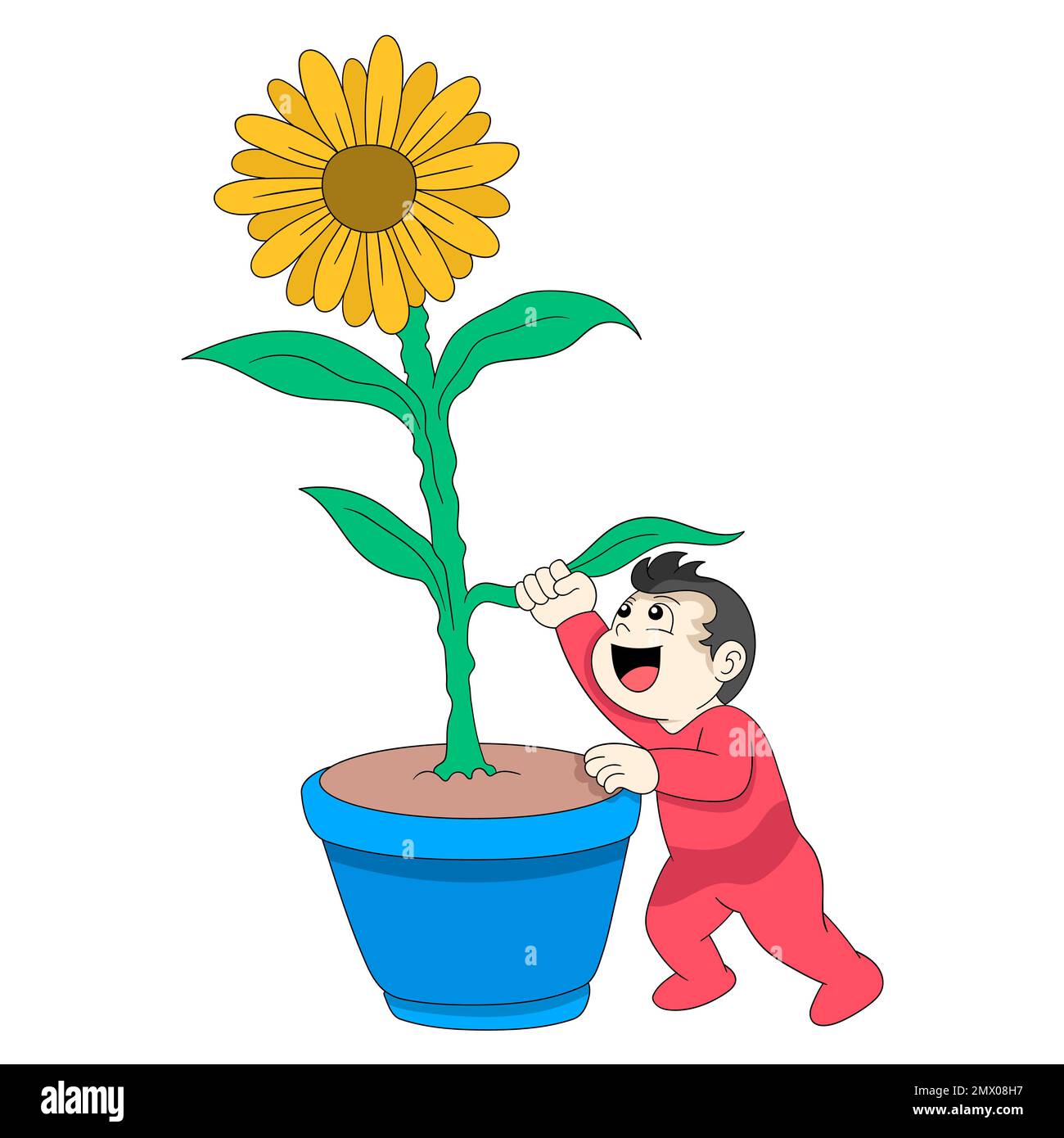 baby boy is having fun reaching for the sunflower in the pot. vector ...