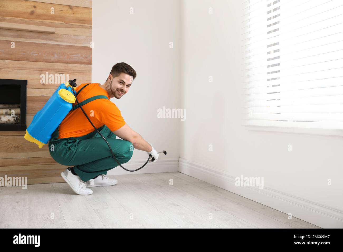 Pest control worker spraying insecticide on baseboard at home. Space ...