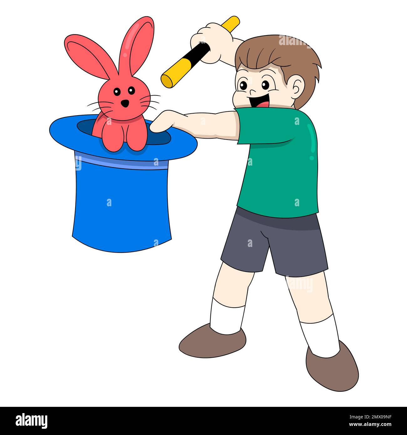 boy is in action being a magician taking out a rabbit from a hat ...